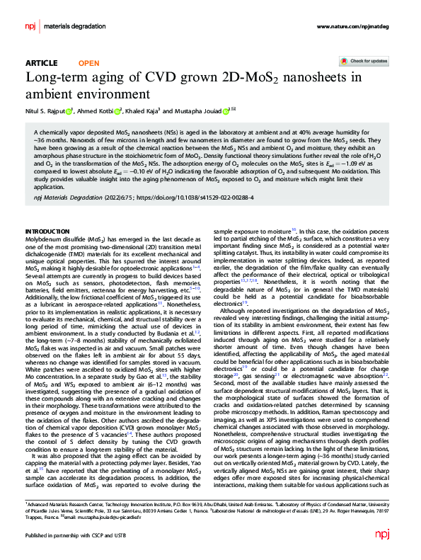 (PDF) Long-term aging of CVD grown 2D-MoS2 nanosheets in ambient ...