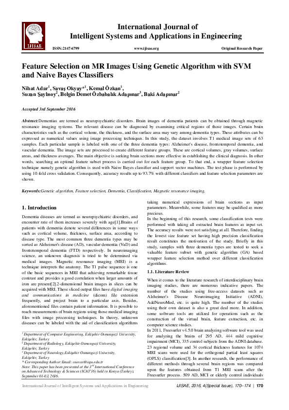Pdf Feature Selection On Mr Images Using Genetic Algorithm With Svm And Naive Bayes