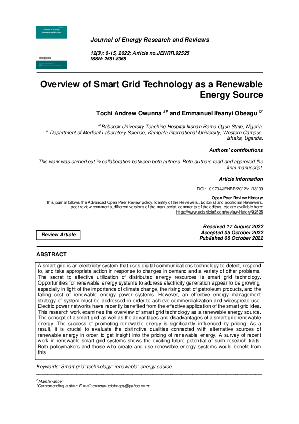 (PDF) Overview of Smart Grid Technology as a Renewable Energy Source