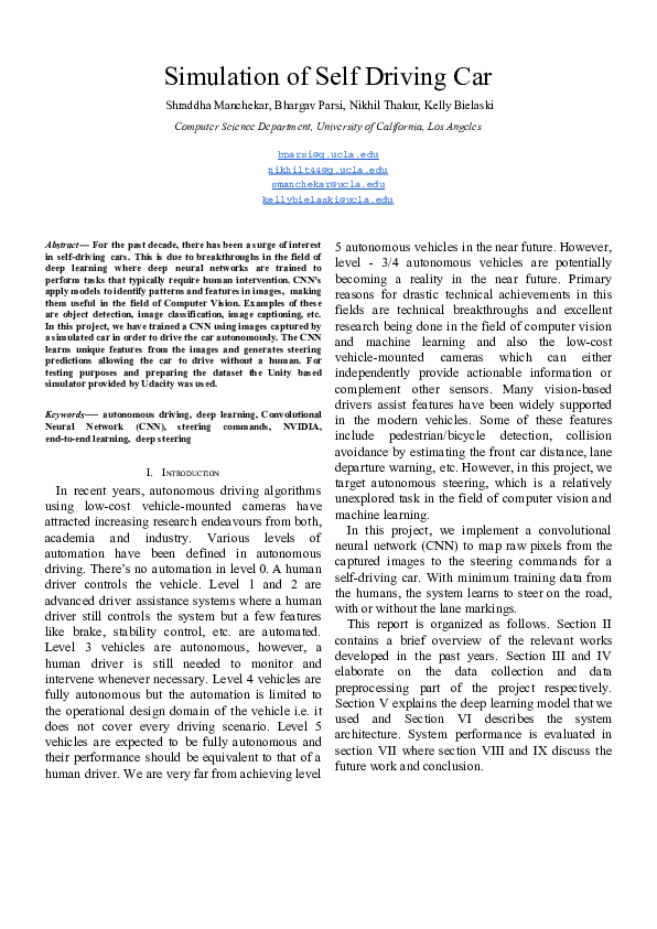 (PDF) Simulation of Self Driving Car