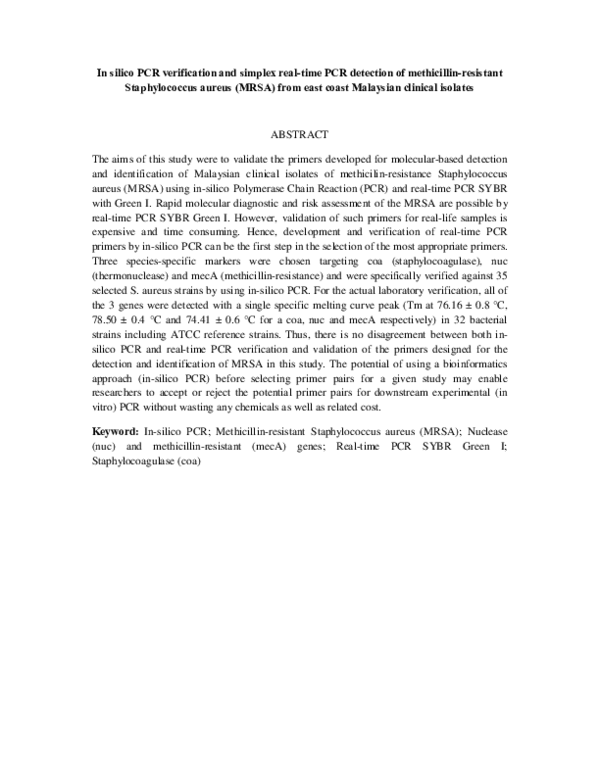 (PDF) In silico PCR Verification and Simplex Real-Time PCR Detection of ...