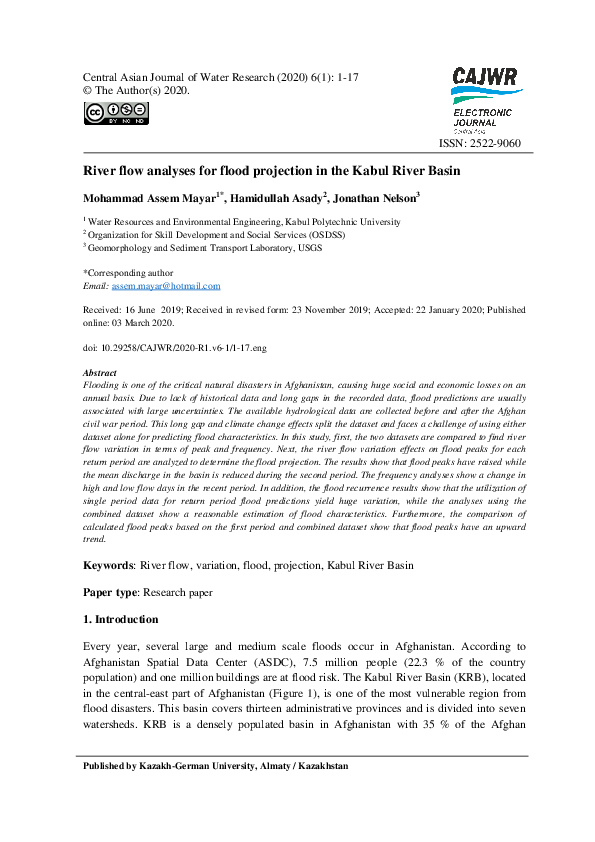 (PDF) River flow analyses for flood projection in the Kabul River Basin