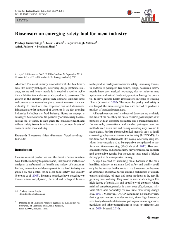 (PDF) Biosensor: an emerging safety tool for meat industry
