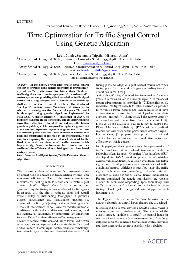 Pdf Time Optimization For Traffic Signal Control Using Genetic Algorithm 8506