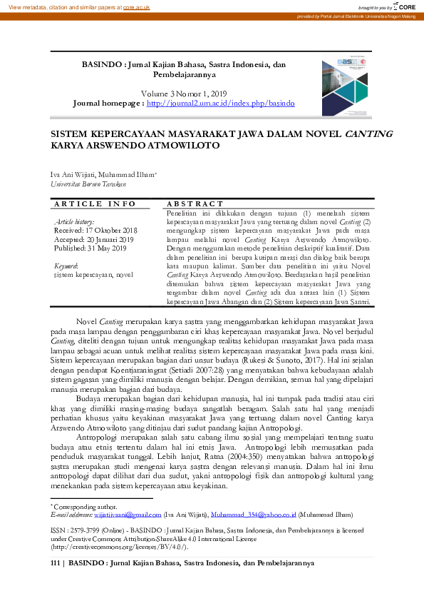 (PDF) Sistem Kepercayaan Masyarakat Jawa Dalam Novel Canting Karya ...