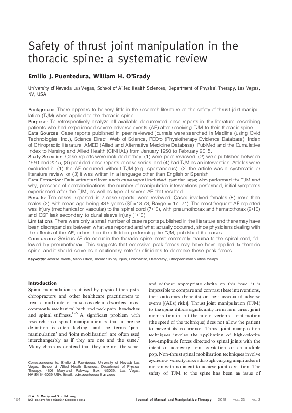 (PDF) Safety of thrust joint manipulation in the thoracic spine: a ...