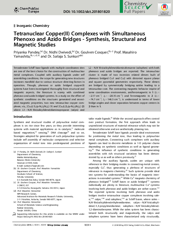 (PDF) Tetranuclear Copper(II) Complexes with Simultaneous Phenoxo and Azido Bridges - Synthesis ...