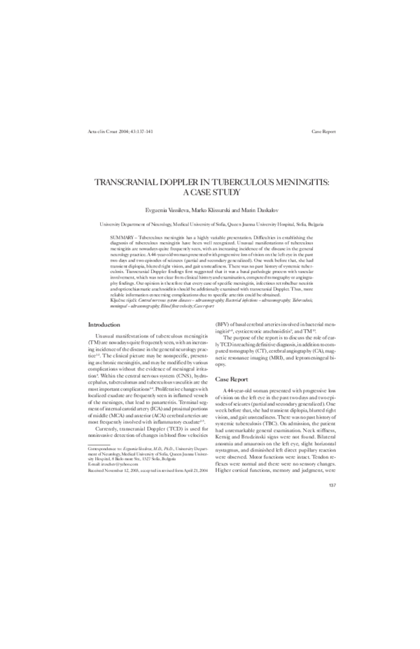 (PDF) Transcranial doppler in tuberculous meningitis: A case study