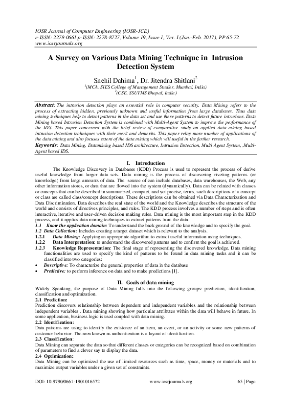 Pdf A Survey On Various Data Mining Technique In Intrusion Detection