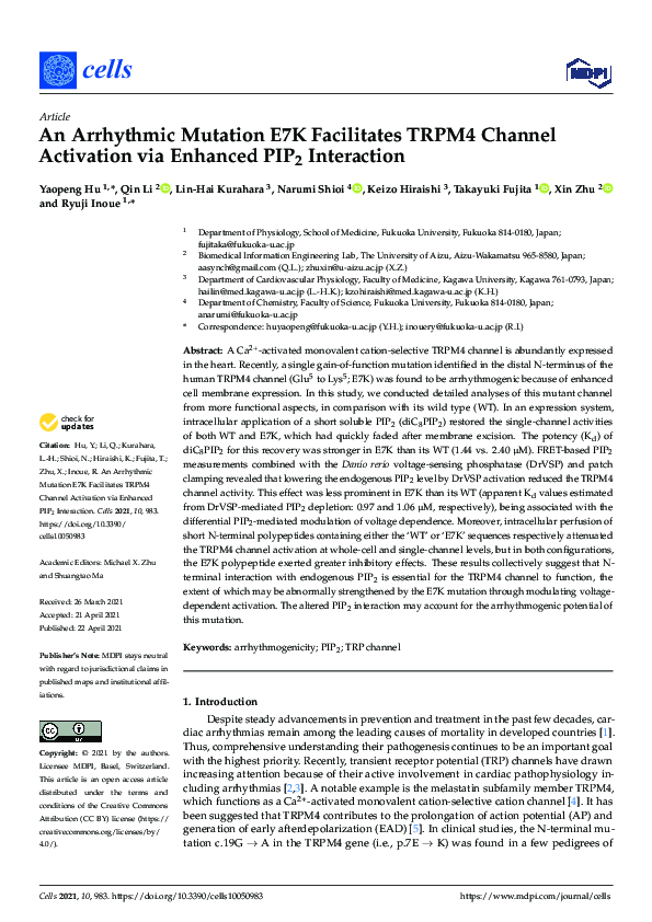 (PDF) An Arrhythmic Mutation E7K Facilitates TRPM4 Channel Activation ...