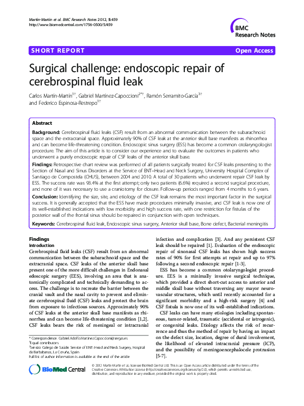(PDF) Surgical challenge: endoscopic repair of cerebrospinal fluid leak