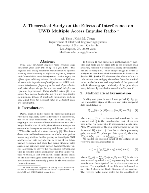 (PDF) A theoretical study on the effects of interference UWB multiple access impulse radio