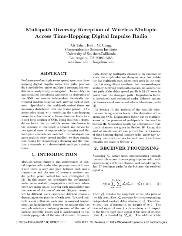 (PDF) Multipath diversity reception of wireless multiple access time-hopping digital impulse radio