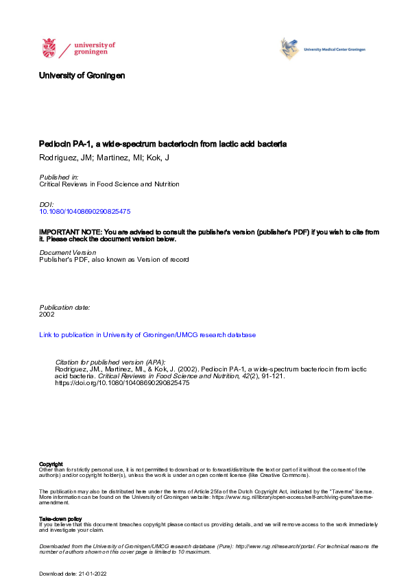 (PDF) Pediocin PA-1, a Wide-Spectrum Bacteriocin from Lactic Acid Bacteria