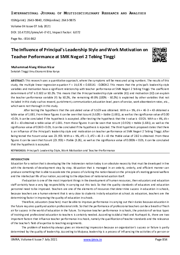 (PDF) The Influence of Principal's Leadership Style and Work Motivation ...