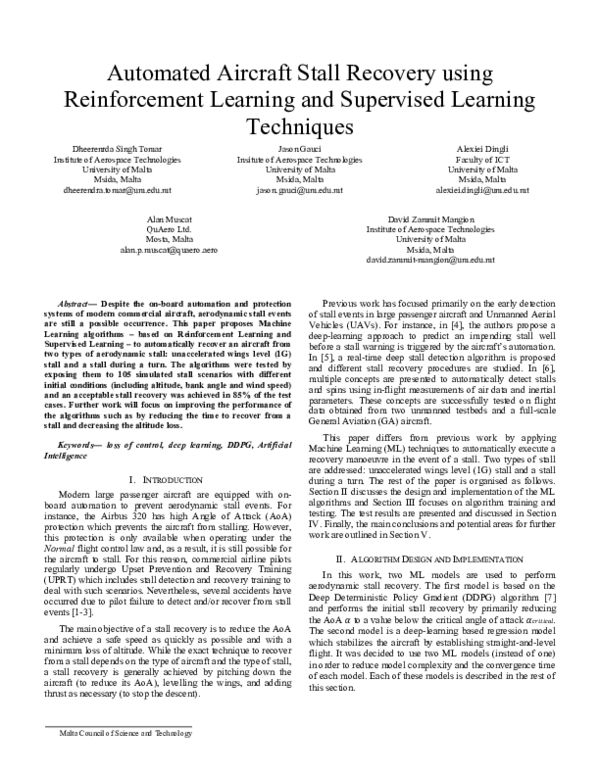 (PDF) Automated Aircraft Stall Recovery using Reinforcement Learning ...