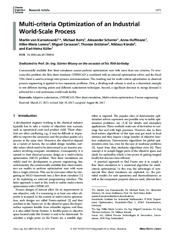 (PDF) Multi-criteria Optimization of an Industrial World-Scale Process