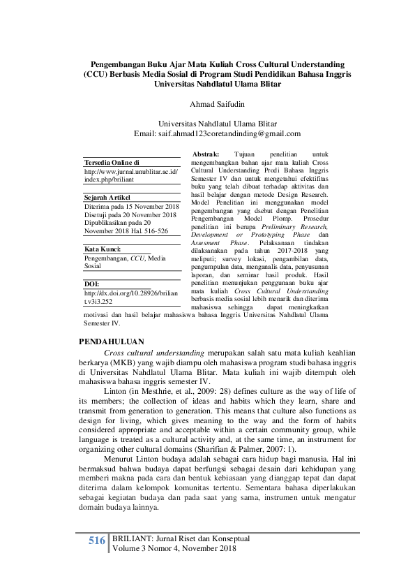(PDF) Pengembangan Buku Ajar Mata Kuliah Cross Cultural Understanding (CCU) Berbasis Media ...