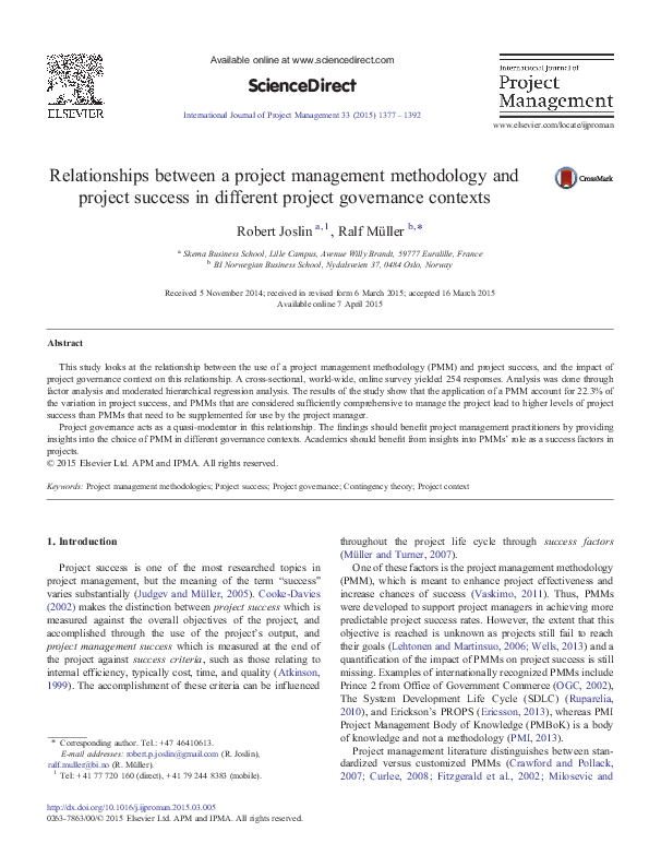 (PDF) Relationships between a project management methodology and project success in different ...