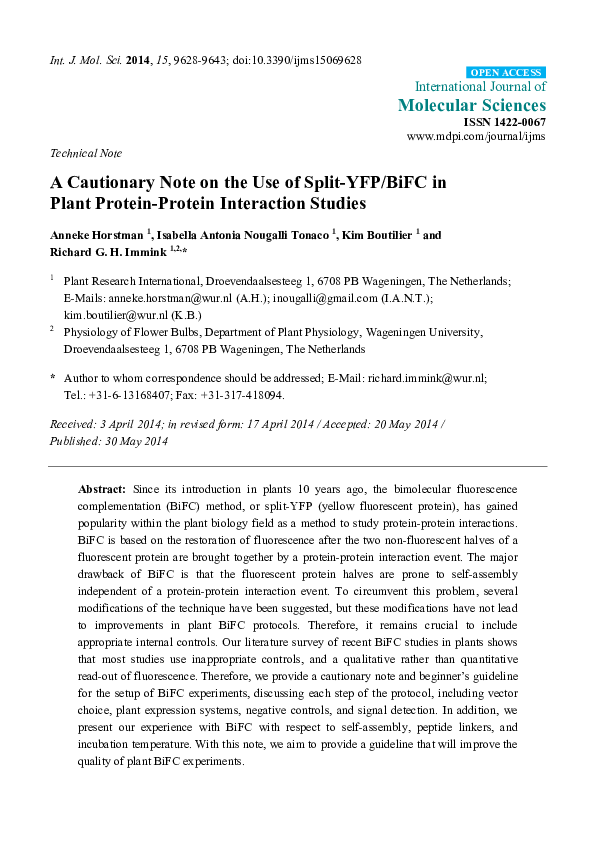 (PDF) A Cautionary Note on the Use of Split-YFP/BiFC in Plant Protein ...