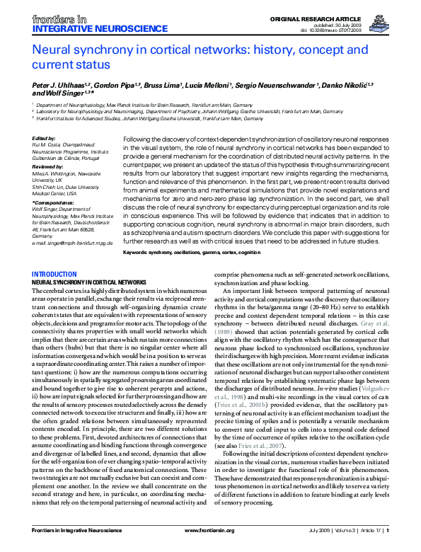 (PDF) Neural synchrony in cortical networks: history, concept and current status | Lucia Melloni ...