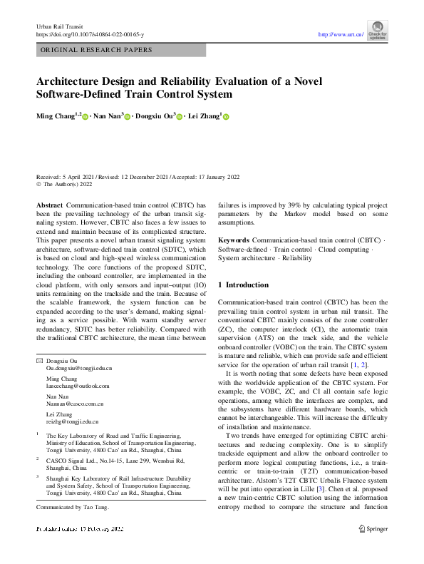 (PDF) Architecture Design and Reliability Evaluation of a Novel Software-Defined Train Control ...