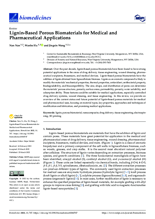(PDF) Lignin-Based Porous Biomaterials for Medical and Pharmaceutical Applications