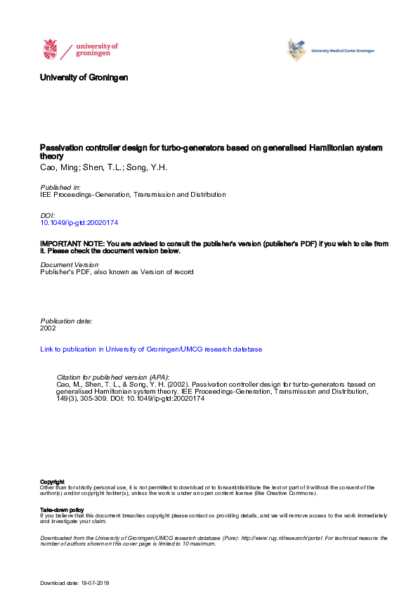 Pdf Passivation Controller Design For Turbo Generators Based On Generalised Hamiltonian System