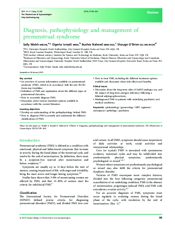 (PDF) Diagnosis, pathophysiology and management of premenstrual syndrome