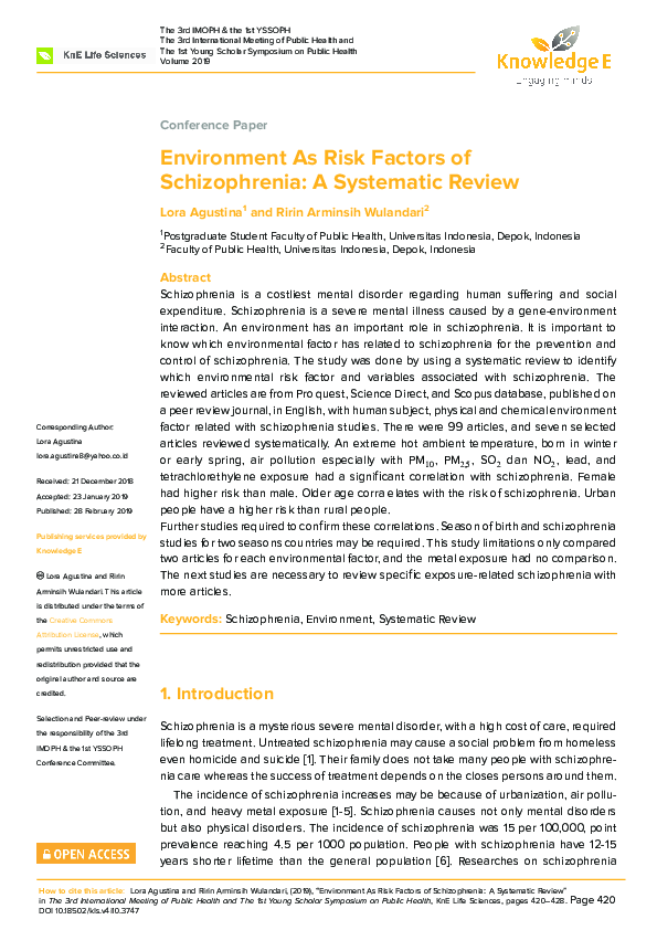 (PDF) Environment As Risk Factors of Schizophrenia: A Systematic Review