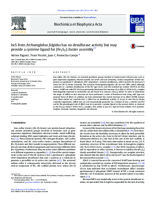 (PDF) IscS from Archaeoglobus fulgidus has no desulfurase activity but may provide a cysteine ...