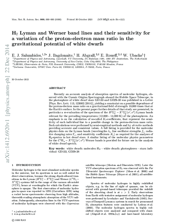(PDF) H2 Lyman and Werner band lines and their sensitivity for a ...