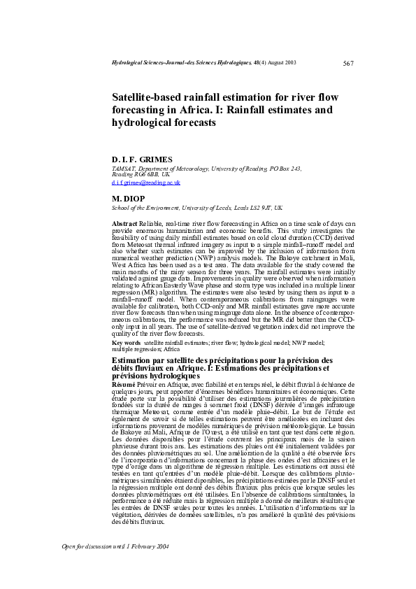 Pdf Satellite Based Rainfall Estimation For River Flow Forecasting In 6935