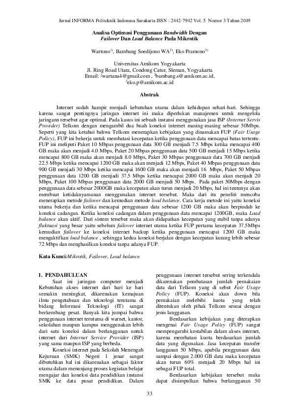 Pdf Analisa Optimasi Penggunaan Bandwidth Dengan Failover Dan Load Balance Pada Mikrotik