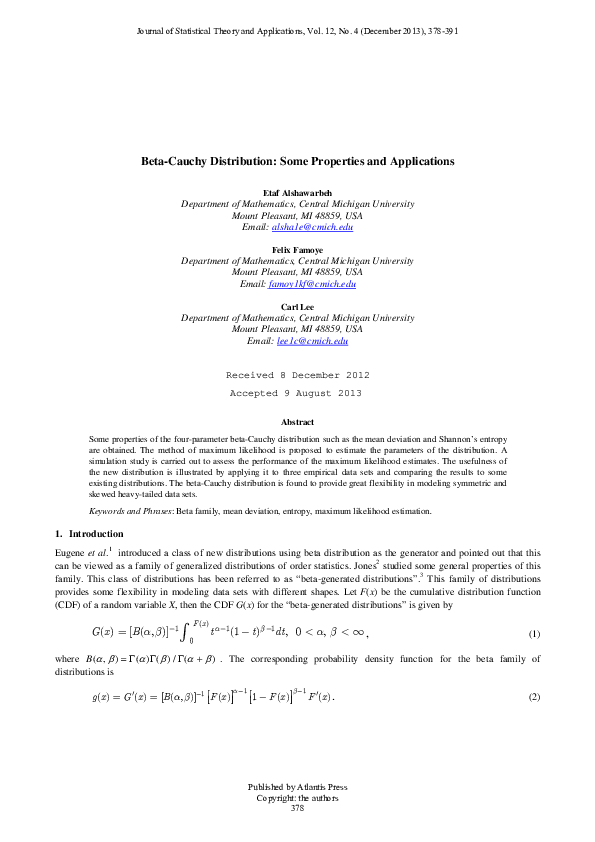 (PDF) Beta-Cauchy Distribution: Some Properties and Applications