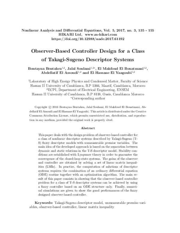 Pdf Observer Based Controller Design For A Class Of Takagi Sugeno