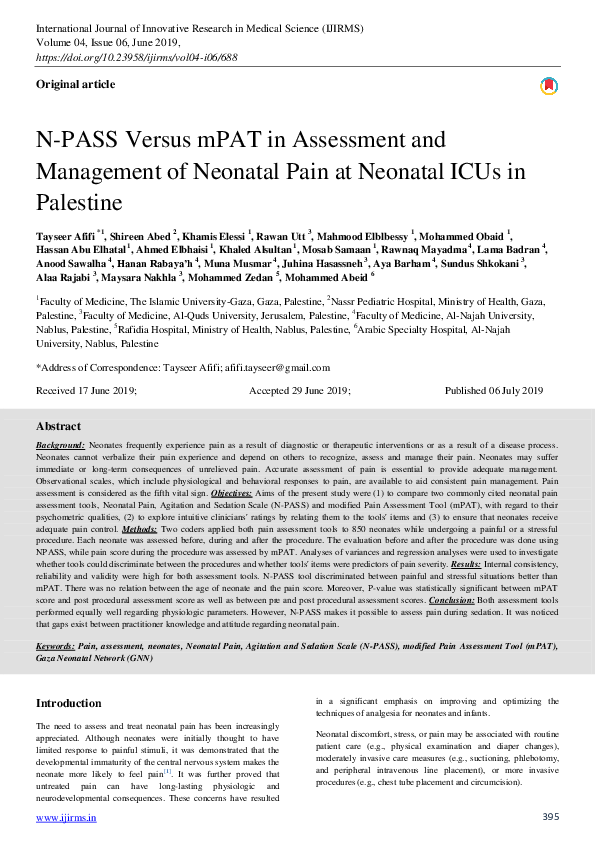 (PDF) N-PASS Versus mPAT in Assessment and Management of Neonatal Pain ...