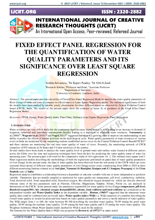 (PDF) Fixed Effect Panel Regression for the Quantification of Water Quality Parameters and Its ...