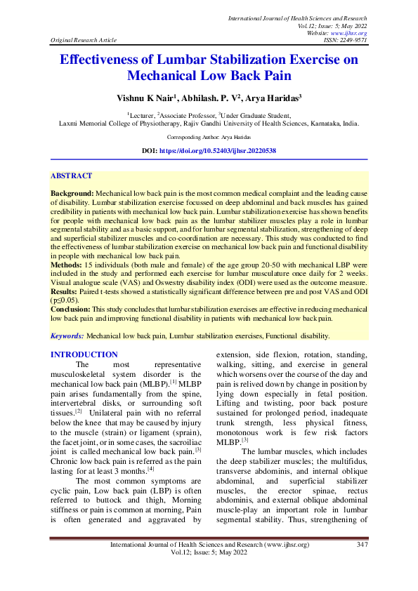 (PDF) Effectiveness of Lumbar Stabilization Exercise on Mechanical Low ...