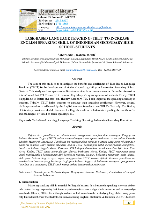 (PDF) Task-Based Language Teaching (TBLT) to Increase English Speaking ...