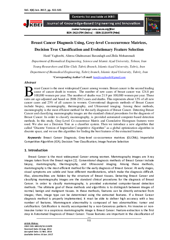 (PDF) Breast Cancer diagnosis using, grey-level co-occurrence matrices ...