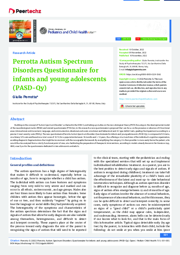 (PDF) Perrotta Autism Spectrum Disorders Questionnaire for infants and ...
