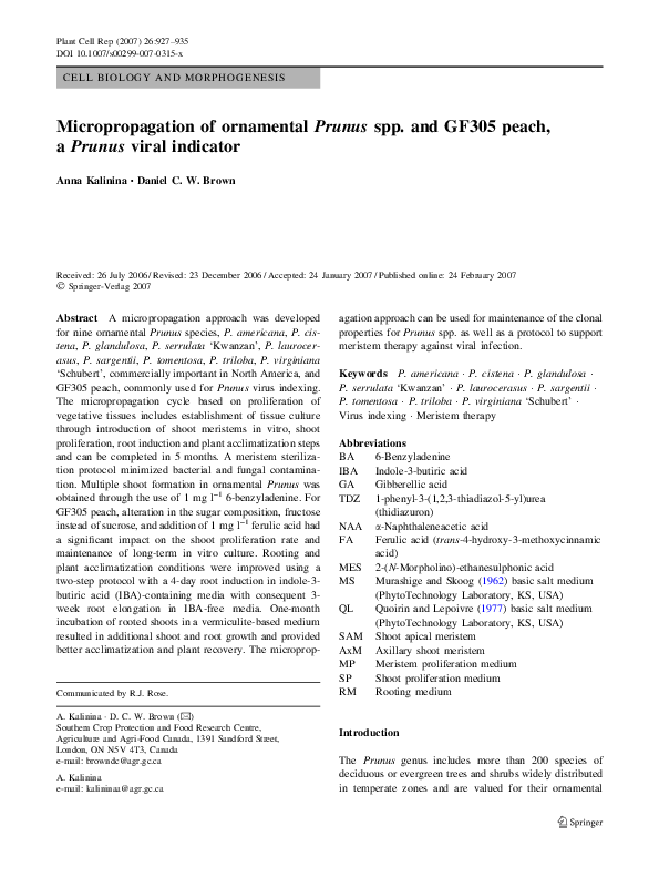 (PDF) Micropropagation of ornamental Prunus spp. and GF305 peach, a ...