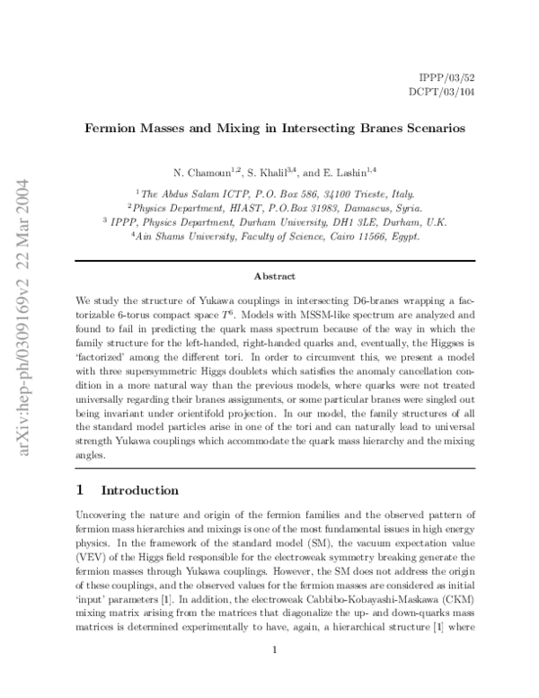 (PDF) Fermion masses and mixing in intersecting brane scenarios