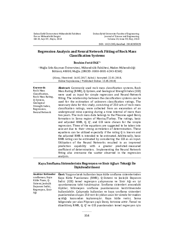 (PDF) Regression Analysis and Neural Network Fitting of Rock Mass Classification Systems | Ferid ...
