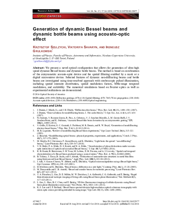 (PDF) Generation of dynamic Bessel beams and dynamic bottle beams using acousto-optic effect