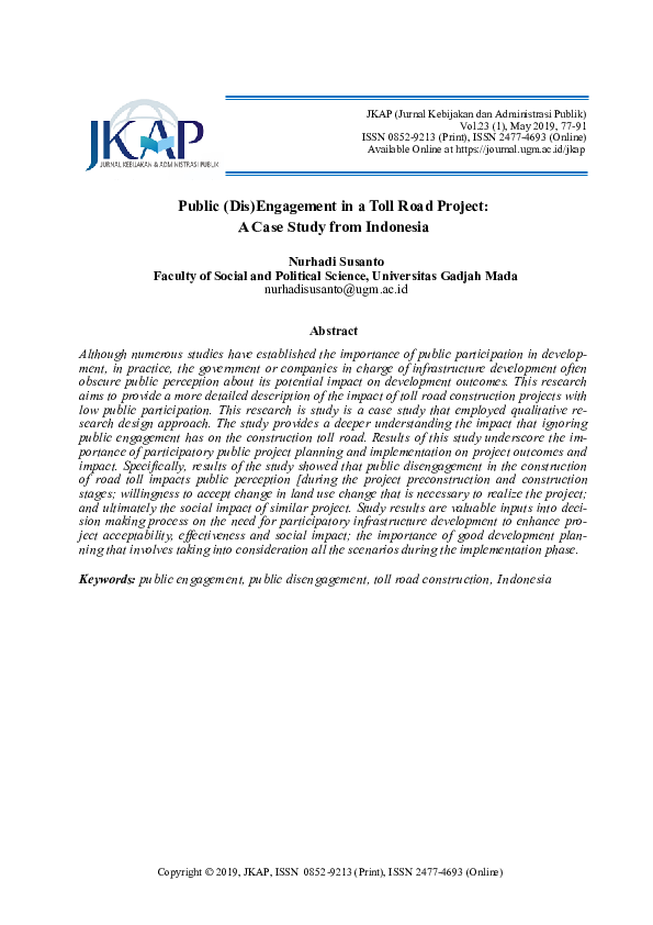 (PDF) Public (Dis)Engagement in Toll Road Project: A Case Study from Indonesia