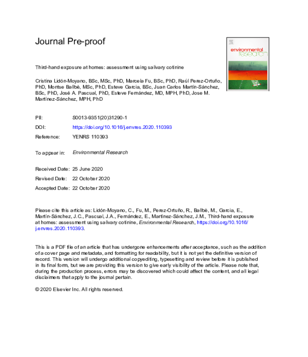 (PDF) Third-hand exposure at homes: Assessment using salivary cotinine