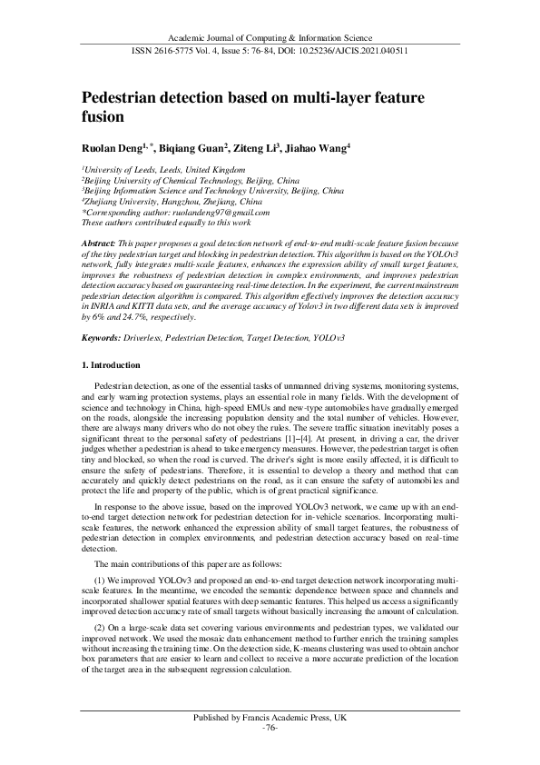 (PDF) Pedestrian detection based on multi-layer feature fusion