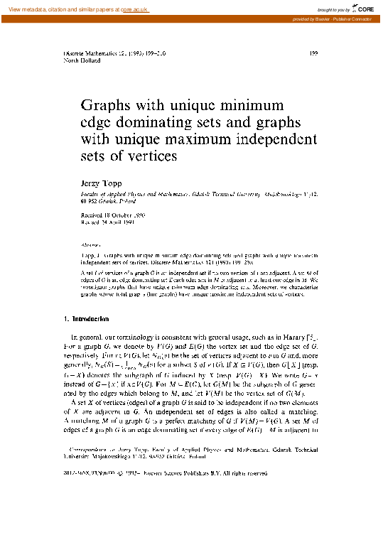 Pdf Graphs With Unique Minimum Edge Dominating Sets And Graphs With Unique Maximum Independent 8569